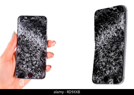 Two Modern mobile smartphone broken screen and damages. Cellphone ...