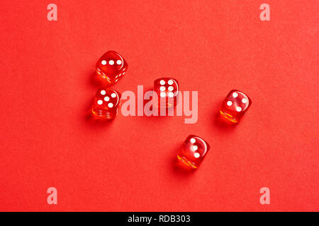 five red dice view from above on white background; five red dice view ...