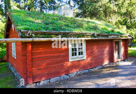 Turf-roofed timber Soldier's Cottage (Soldat-torpet), Skansen open-air ...