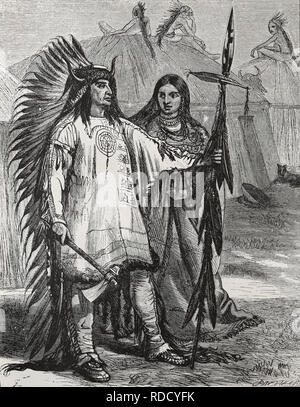 American indians. Indian red race. Colored engraving, late 19th century ...