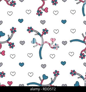 Abstract branches with hearts and flowers hand drawn vector seamless ...