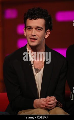 Matthew Healy, lead singer of The 1975, onstage during a major festival ...