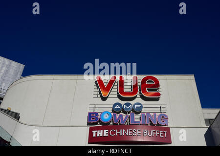 Vue cinema logo, sign, amf bowling and the chinese buffet exterior ...