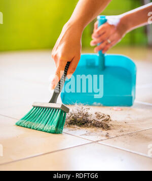 A woman sweeps up dust and dirt from the floor while cleaning the house ...