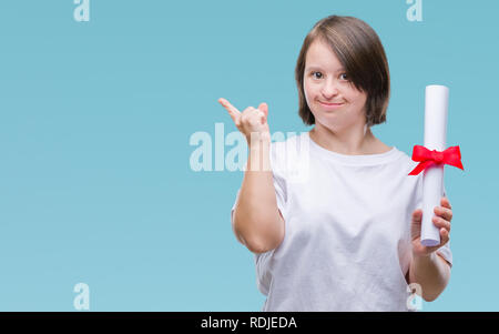 Woman with down syndrome holding graduate degree diploma doing video ...