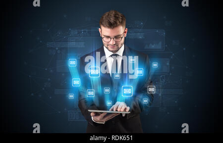 Mailing concept on a tablet with spectacled businessman on the ...