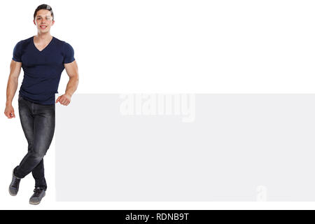 Bodybuilder man with sign advertising board. Strong athlete holding ...