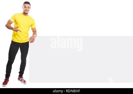 Young latin man showing pointing marketing ad advert people isolated on ...