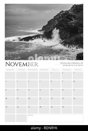 Simple 2019 November monthly calendar on table with a pumpkin ...