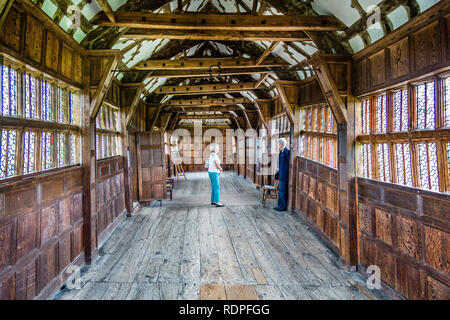 interior of long hall at Tudor half timbered moated National Trust ...