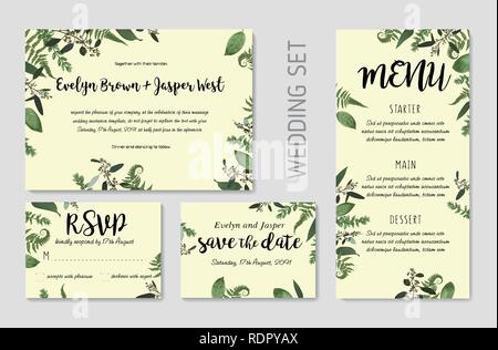 Wedding invite, invitation menu rsvp thank you card vector floral greenery design: Forest fern ...