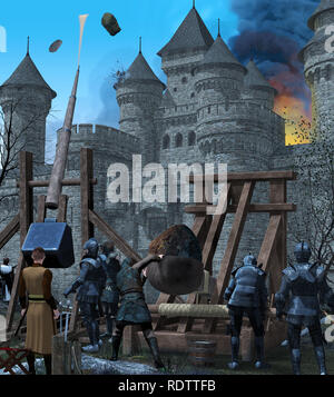 Medieval siege engine tower attacking castle Stock Photo - Alamy