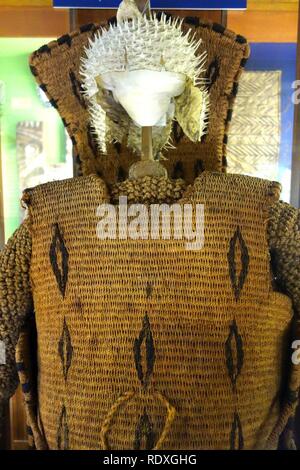 Armor and helmet, Gilbert Islands, late 1800s, woven coconut fiber ...