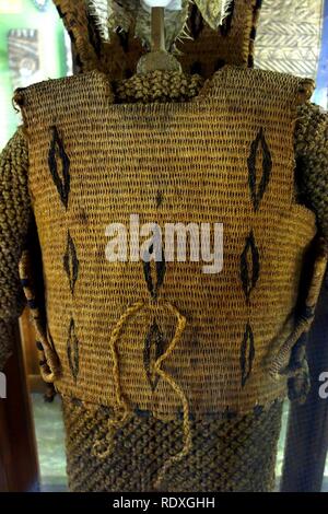 Armor and helmet, Gilbert Islands, late 1800s, woven coconut fiber ...