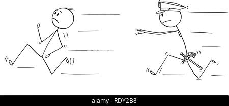 Cartoon police chasing man, vector illustration. Black outlined and ...