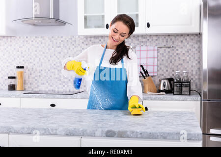 Female janitor cleaning counter in kitchen Stock Photo - Alamy