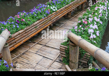 Bamboo bridge with the flower row on the pond of the botanical garden ...