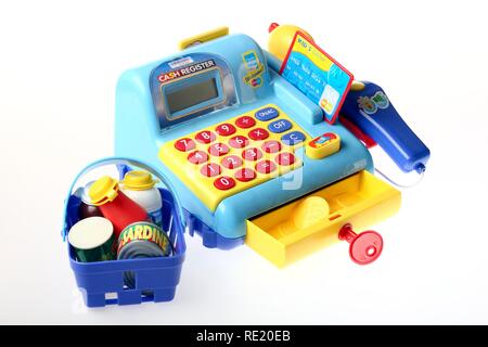Toy cash register with keyboard, scanner, card reader, treadmill, coins ...