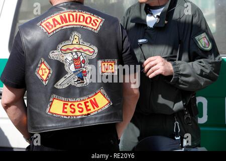The logo of motorcycle club 'Bandidos Germany' pictured on a leather ...