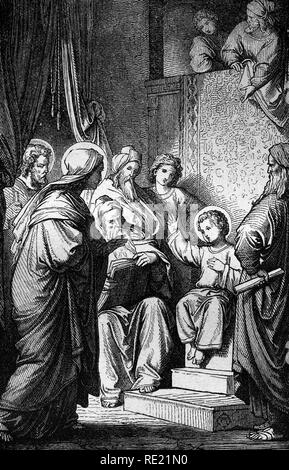 The twelve year old Jesus in the temple. Virgin Mary and Joseph found ...