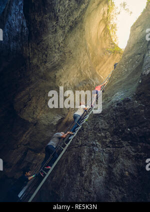tourists climbing up steep ladder up to Balcony House, Cliff dwellings ...