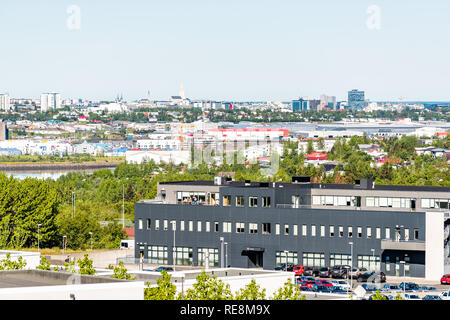 Aerial view of a neighborhood in Reykjavik, Iceland. This image is shot ...