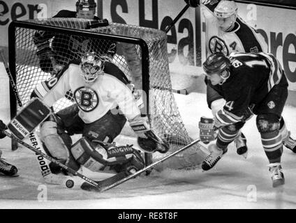 Boston Bruins goalie Bill Ranford, starting in his first game with the ...