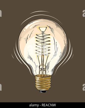 Hand drawn sketch of lightbulb in color isolated on white background. Detailed vintage style ...