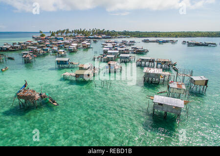 Aerial view of the island in semporna and sea gypsy water village ...