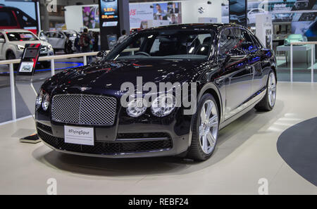 Luxurious white hybrid car Bentley Bentayga logo. Thailand, Bangkok 07 ...