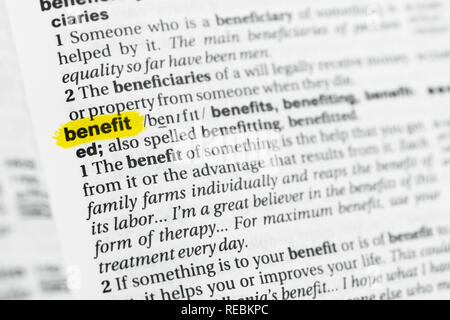Highlighted English word "benefit" and its definition at the dictionary ...
