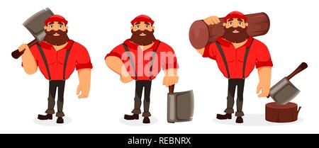 Lumberjack. Handsome logger holding big axe. Cartoon character. Vector ...