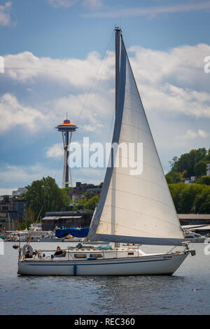 Seattle sailing on Lake Union in a vintage yacht, sailboat. Sail frames ...