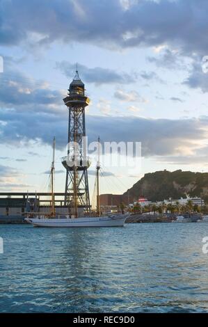 Cable car tower Jaume at sunset, Barcelona harbor, Catalonia, Spain ...