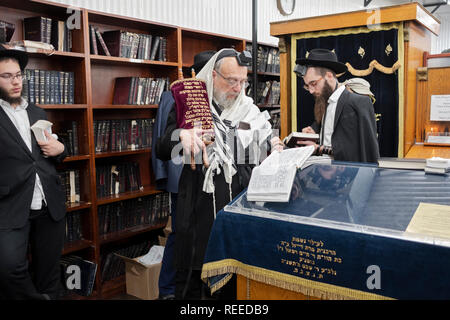 A religious Jewish man carrying a Torah scroll from the Holy Ark to the ...