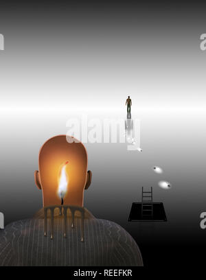 Surrealism. Melting candle in man's head. Figure of man in a distance ...