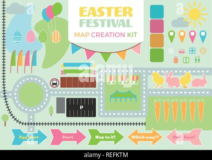 Easter egg hunt map creator. Set of flat cartoon elements for ...