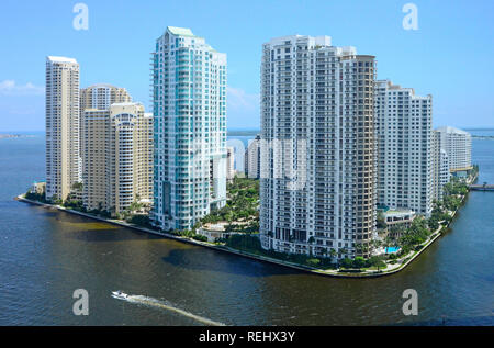 aerial view above Brickell Key downtown Miami Florida Stock Photo - Alamy