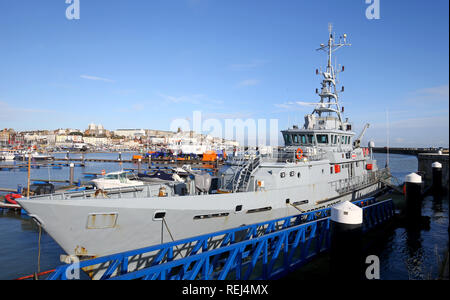 HMC Vigilant a Border Force Cutter moored on the Quay in Hugh Town ...
