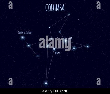 Columba (The Dove) constellation, vector illustration with the names of ...