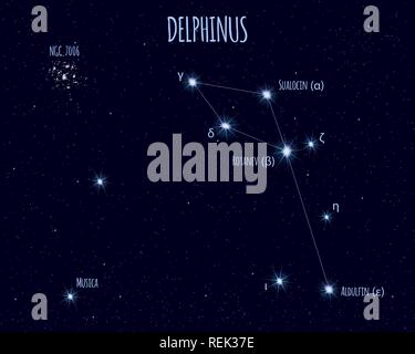 Delphinus constellation. Starry night sky. Cluster of stars and ...