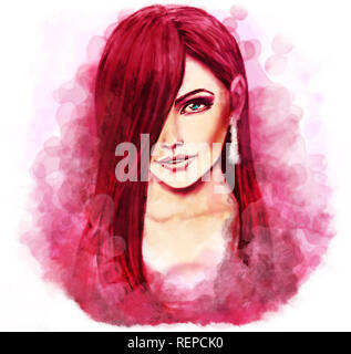 Portrait of young woman in comic pop art make-up style. Female in red ...