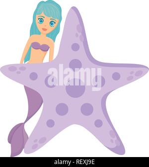 sea star and mermaid over white background, colorful design. vector ...