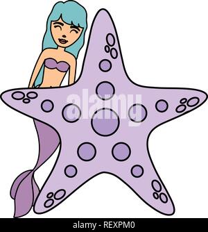 sea star and mermaid over white background, colorful design. vector ...