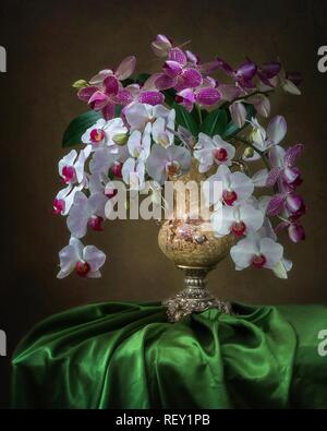 Floral still life with bouquet of multicolored flowers on a pink ...
