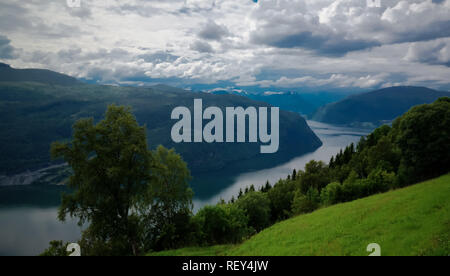 Landscape panoramic view to innvikfjorden, innvik and utvik village in ...