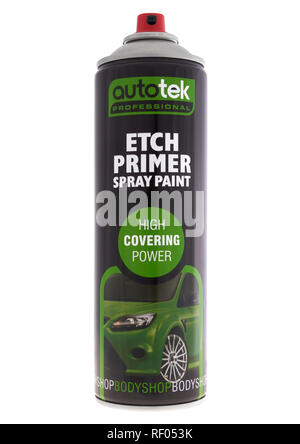 Can of Autotek grey etch primer spray paint on white background Stock ...