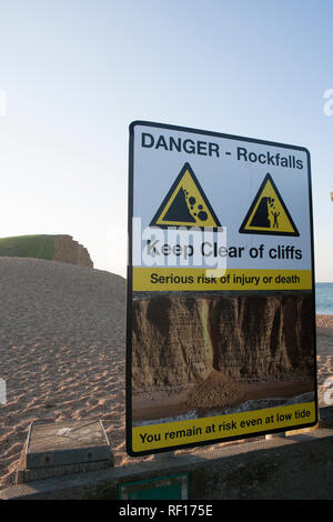 Danger of rockfall warning sign on Jurassic coast, Hive Beach, Burton ...