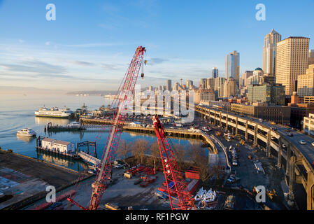 The double-deck Alaskan Way viaduct behind Seattle waterfront on Stock ...