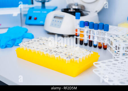 Workplace in the laboratory of blood tests and dna. Medical equipment ...